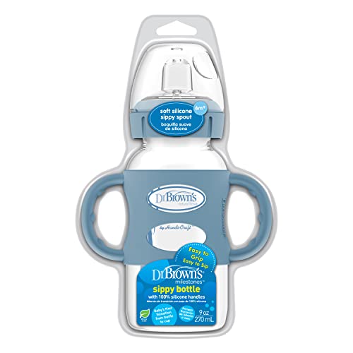 Dr. Brown's Milestones Wide-Neck Sippy Spout Bottle with 100% Silicone Handles, Easy-Grip Handles with Soft Sippy Spout, 9oz/270mL, Light-Blue, 1-Pack, 6m+