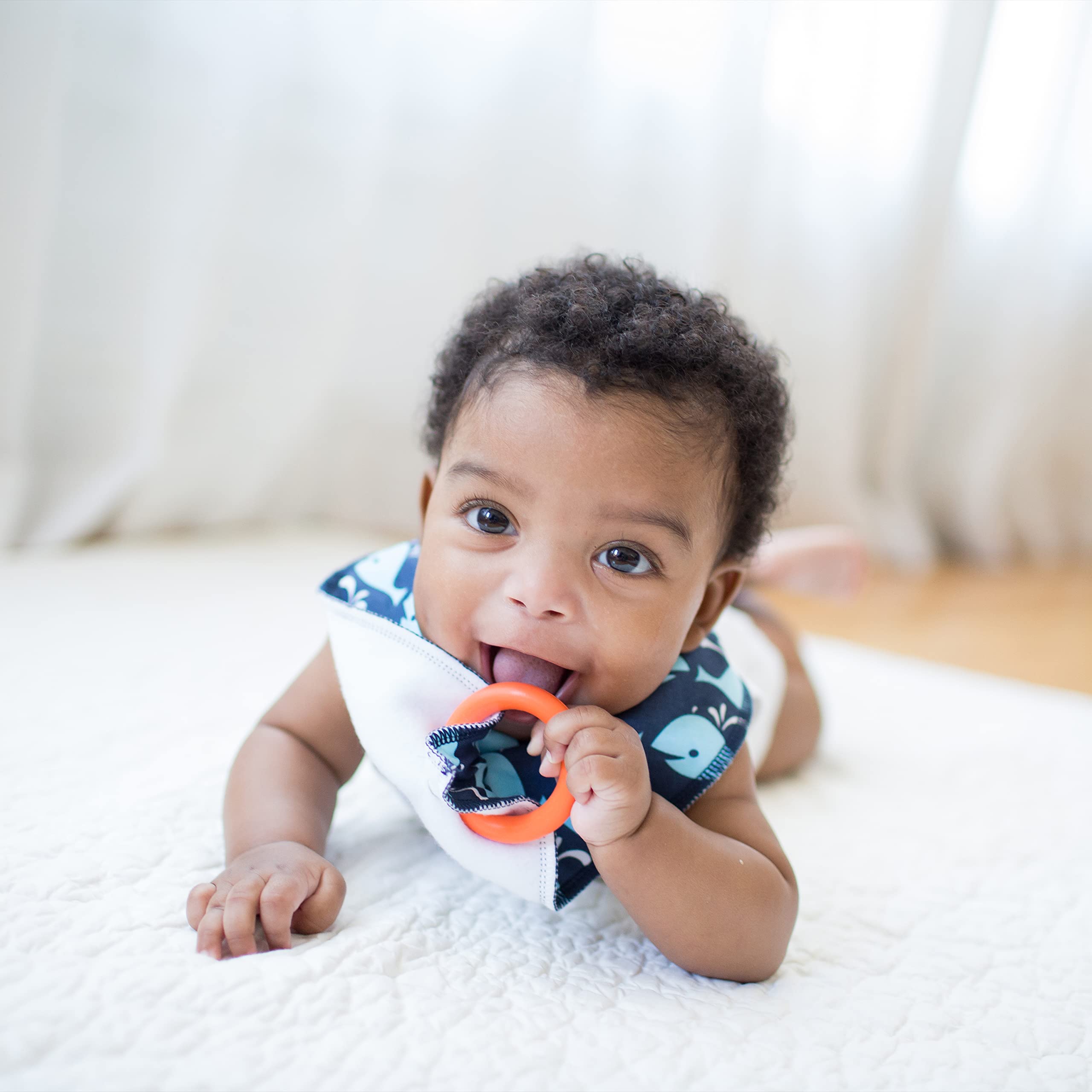 Dr. Brown's Super Soft Bandana Bibs with Two Snap-On Teethers, 3m+, 4-Pack, Dinosaurs/Blue Drops/Whales/Anchors