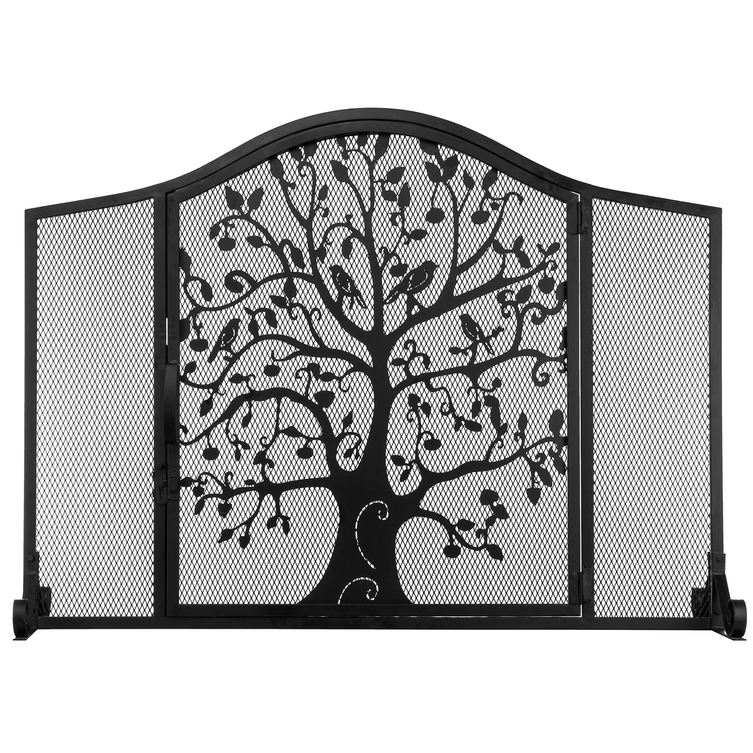 MyGift Black Wrought Iron Fireplace Screen Door with Silhouette Tree & Bird Design