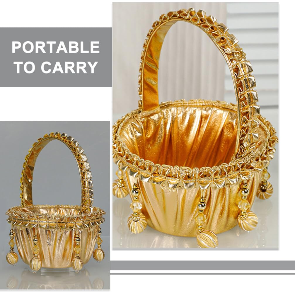 Golden Flower Girl Baskets for Wedding Flower Girl Basket Handle Baskets with Beaded Tassel Bridal Rose Petals Basket Rustic Picnic Storage Basket for Easter