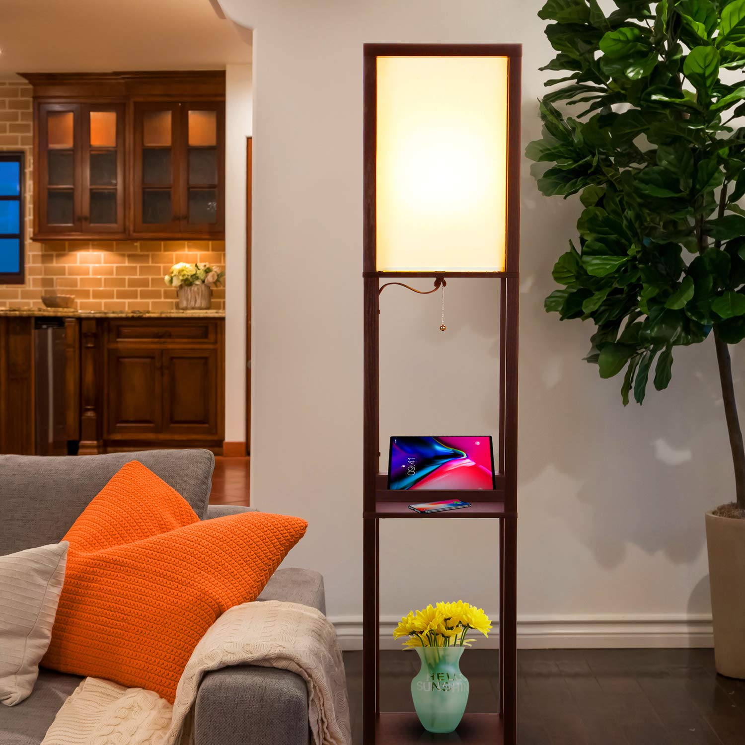 Brightech Maxwell β Modern Shelf Floor Lamp with USB Ports, Wireless Charging & Outlet β Versatile Corner Display and Lamp with Shelves, Storage Solution for Living Room, Office, Bedroom