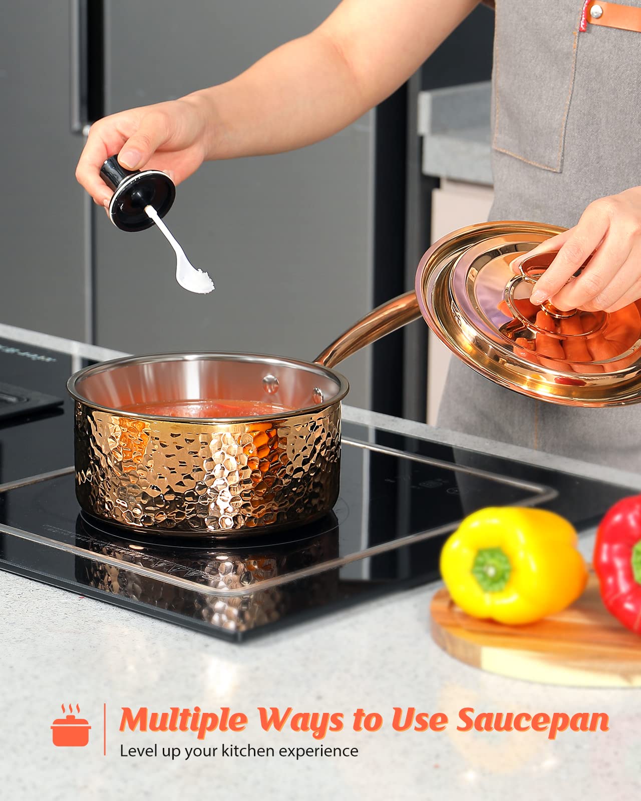 DAEDALUS 3 Quart Uncoated Nonstick Saucepan with Lid, Stainless Steel Pot Triply Hammered Copper for Cooking, Induction Saucepan Cookware for Home Kitchen Restaurant, Dishwasher Oven Safe - Gold