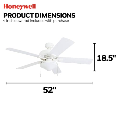 Honeywell Ceiling Fans Belmar 52 Inch Ceiling Fan With Light, Indoor/Outdoor Ceiling Fan with Pull Chain, LED Tri-Mount 5 Blade Design, ETL Damp Rated, White (50513-01)