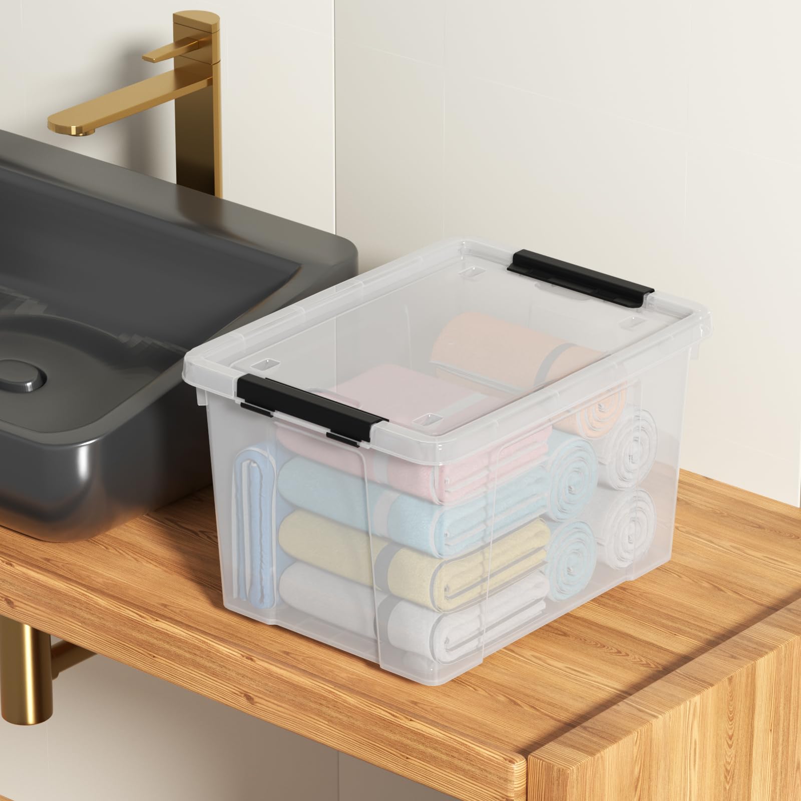 DynkoNA 22 Quart Plastic Latching Box with Wheels, 4 Pack Clear Lidded Storage Boxes