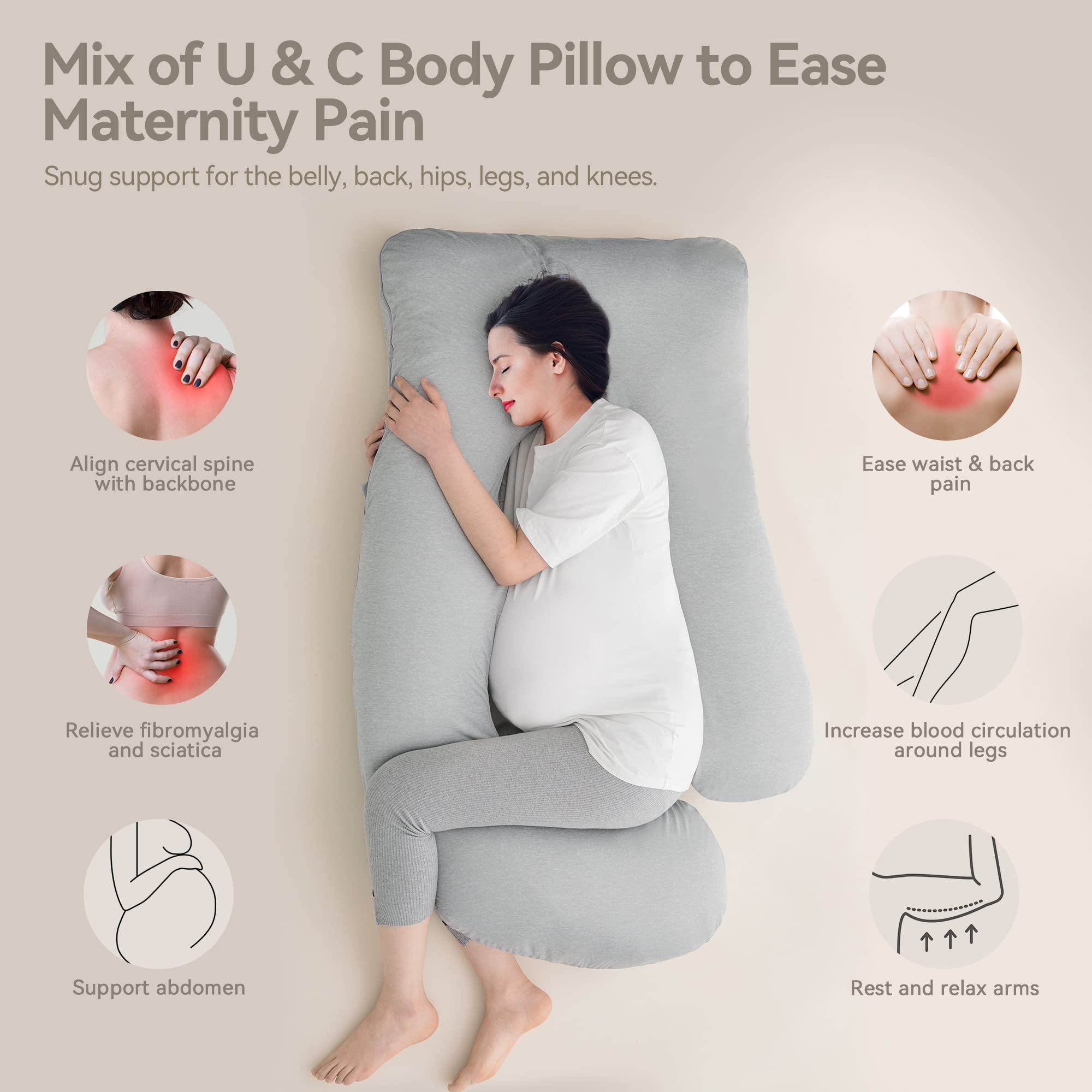 Insugar Pregnancy Pillows for Sleeping with Cooling Cover, U Shaped Body Pillows for Pregnancy, Maternity Pillow for Pregnant Women, Support Belly, Back and Knees, 55 x 28 Inch Grey