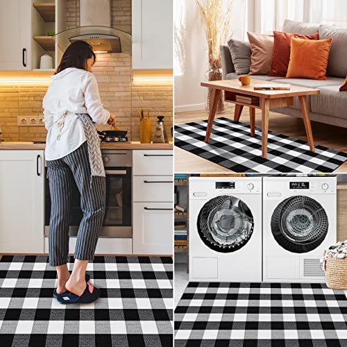 LulusVente Buffalo Plaid Outdoor Rug – 3’x5’ Machine Washable 3.5lbs Hotel Grade Thick Woven Yarn Black White Plaid Checkered Farmhouse Cotton for Indoor/Outdoor Front Porch Runner Layered Doormat