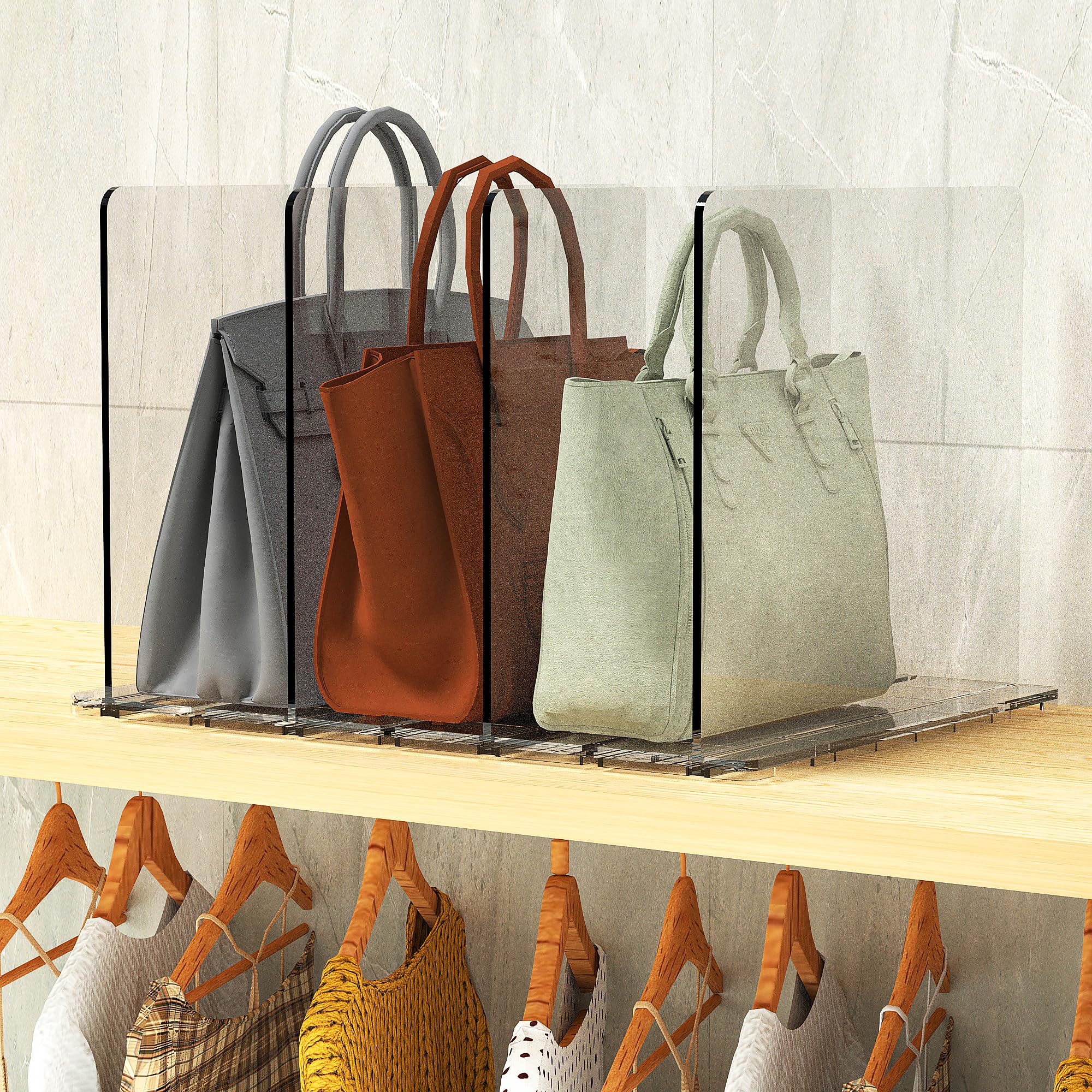 frtzal Purse Organizer for Closet, Shelf Dividers for Closet Organization Adjustable Plastic Handbag Organizers for Closets Purse Storage Organizer (4 layers Tra)