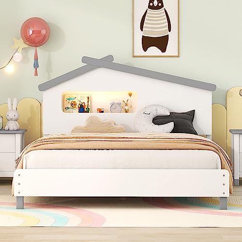 Full Size House Bed Frame for Kids,Full Size Kid Bed Frame with Headboard for Teens Girls Boys,Wood Bed with House-Shaped Headboard and Motion Activated Night Lights,No Box Spring Needed, White+Grey
