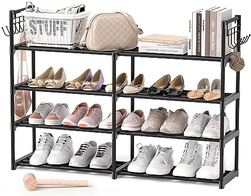 MOCINE 4-Tier Shoe Rack, Black Metal Shoe Racks, Stackable Shoe Shelf with Multifunctional Hooks, Hold 20 Pairs, Space saving shoe rack, Shoes rack for closet,