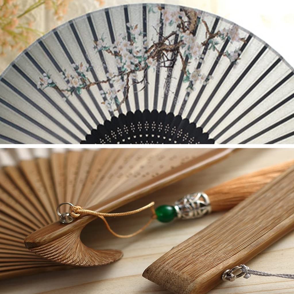 Chinese Style Black Folding Fan Men's and Women's Fan Silk Ancient Dance Fan Foldable Hand Painted Bamboo Fan with Fringe (Color : 02)