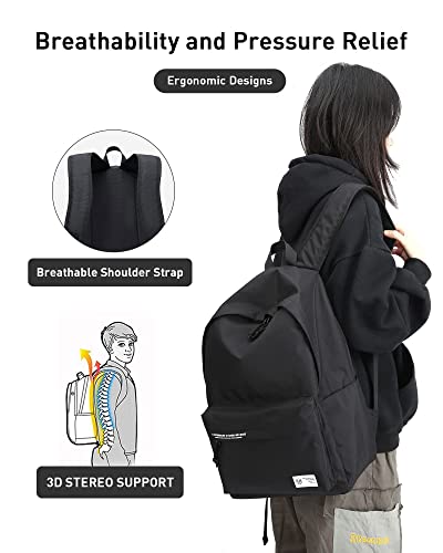 CAMILLEMMA Black Simple Cute Backpack for Teen Girls Boys, Casual Daypack High School Bookbag for Women Men, Lightweight Travel Laptop Back Pack Classic Basic College Backpack
