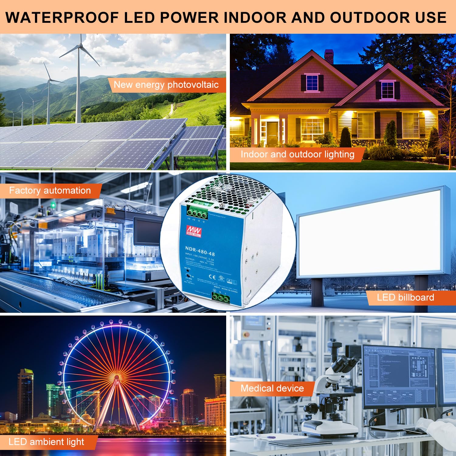 DynMach NDR-480-48 Industrial DIN Rail Power Supply 480W, 48V, 10A, High-Efficiency 93%,90-264VAC Universal Input, Reliable & Durable for Advanced Manufacturing, Automation & Scientific Research