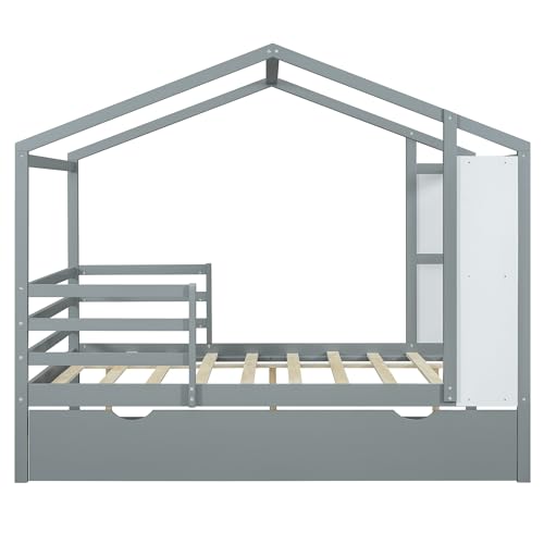 Full Size House Bed with Trundle, Full Bed with Trundle Wood Full Bed Frame with Fence, Writing Board, Montessori Bed Frame with Trundle Bed Full kids Bed Frame for Kids, No Box Spring Need, Grey