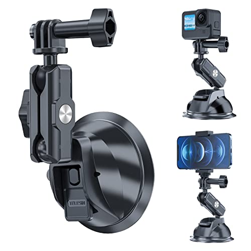 TELESIN Car Suction Cup Mount for GoPro Insta360 Phones, Windshield Window Dashboard Holder Boats Vehicle Attach for Go Pro Max Mini Hero 11 10 9 8 7 6 5 Insta 360 X2 X3 DJI Action 2 3 Accessories