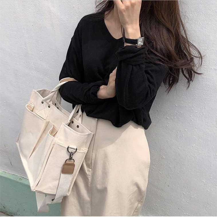 Canvas Bag with Handle -Mommy Bag, Large Capacity Messenger Bag Durable Multi Pocket Shoulder Bag Wear Resistant Tote Purse Reusable Handbag Easy to Clean, Canvas White