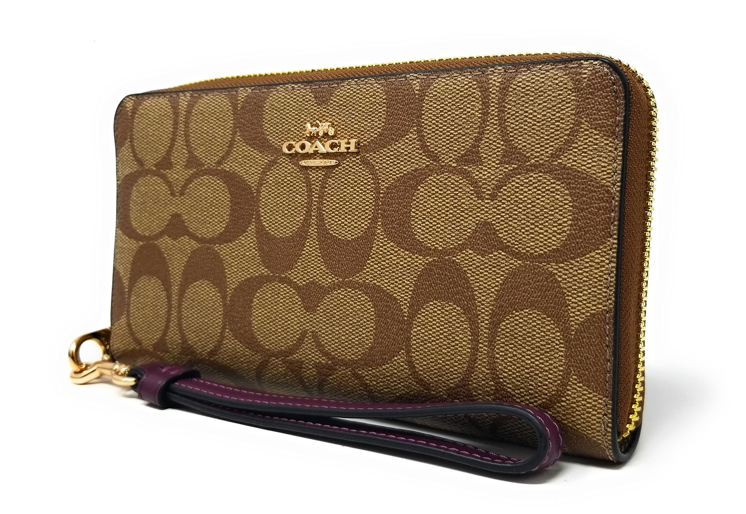 Coach Women's Long Zip Around Wallet (Signature Canvas, Khaki - Boysenberry)