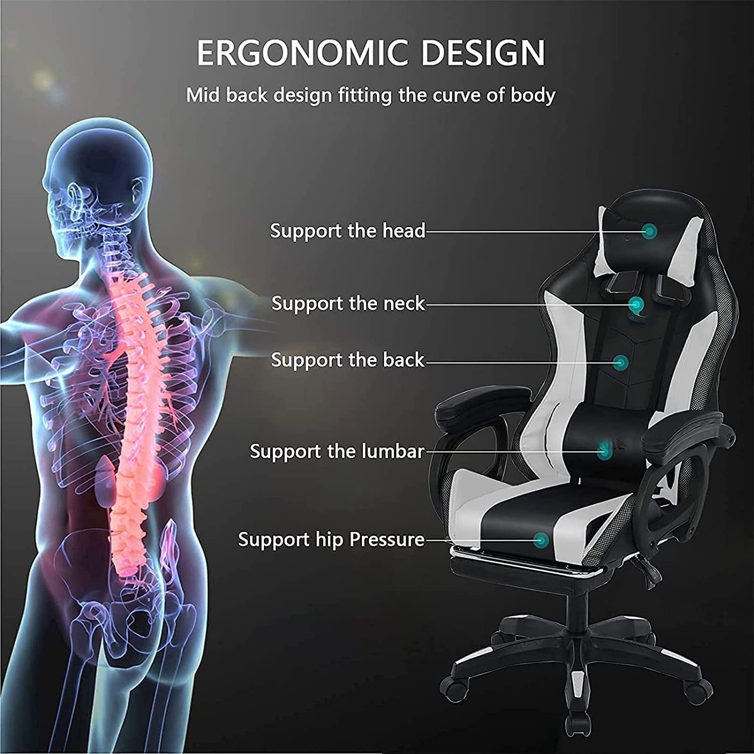 TBQATNTS Gaming Chair with Speakers,Led Gaming Chair,Ergonomic Pro Gaming Chair with Full Massage Lumbar Support Bluetooth Speakers Backrest Adjustable/Gaming Chairs for Adults,Black