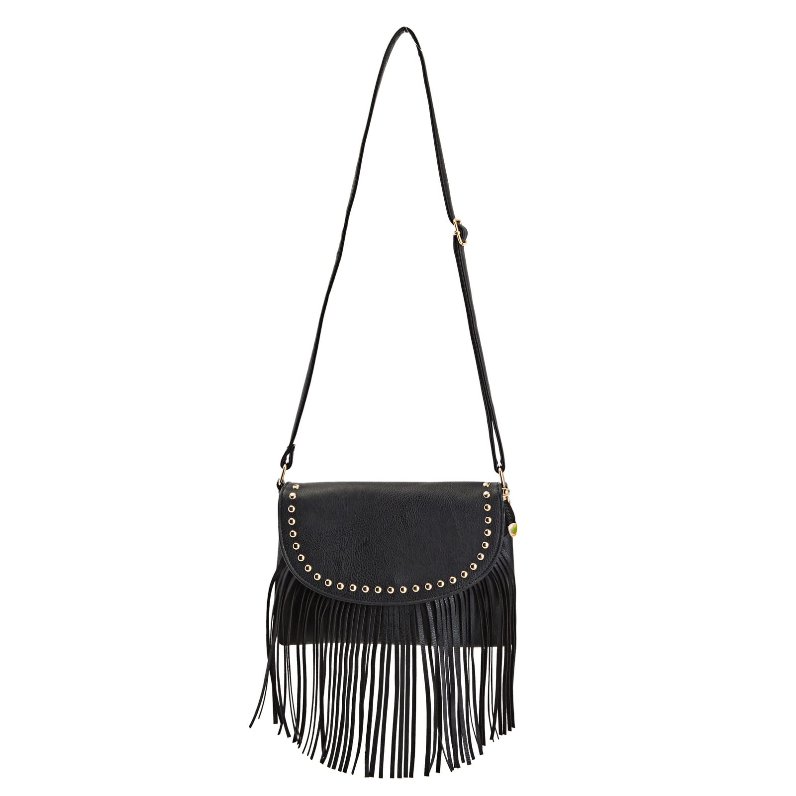 Zodaca Black Fringe Purse for Women, Faux Leather Hippie Crossbody Bag (10.5 x 1.5 x 7.8 In)