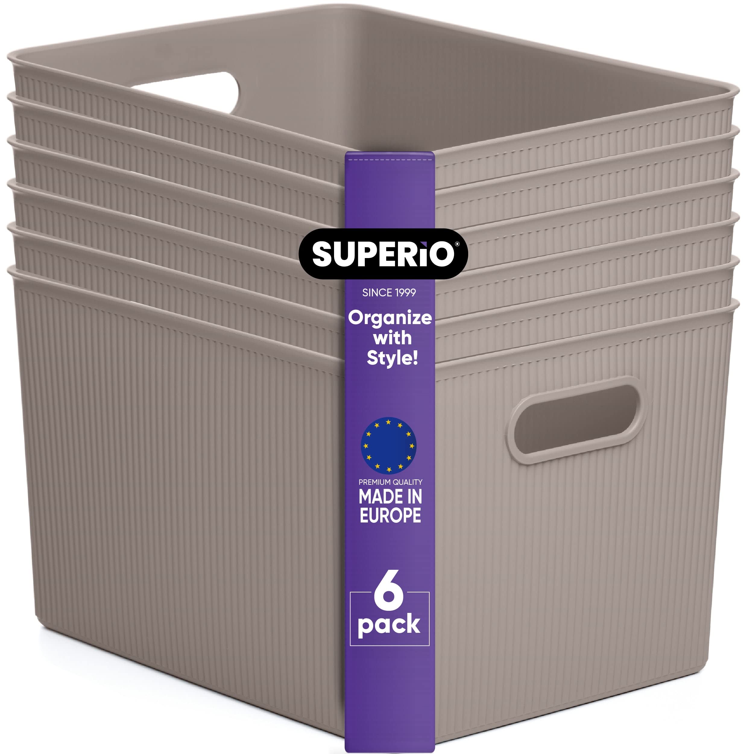Superio Ribbed Collection - Decorative Plastic Open Home Storage Bins Organizer Baskets, X-Large Taupe (6 Pack) Container Boxes for Organizing Closet Shelves Drawer Shelf 22 Liter/23 Quart