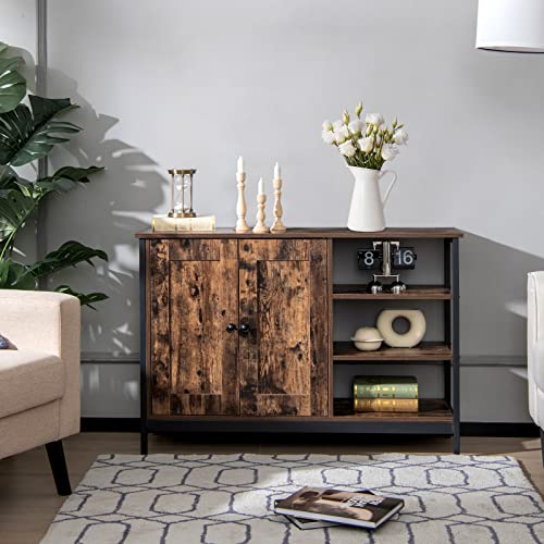 Giantex Industrial Kitchen Storage Cabinet w/Open Shelves, 2-Door Cupboard, Adjustable Shelf, Wooden Buffet Sideboard, Farmhouse Floor Bar Cabinet for Living Room, Entryway (Rustic Brown)