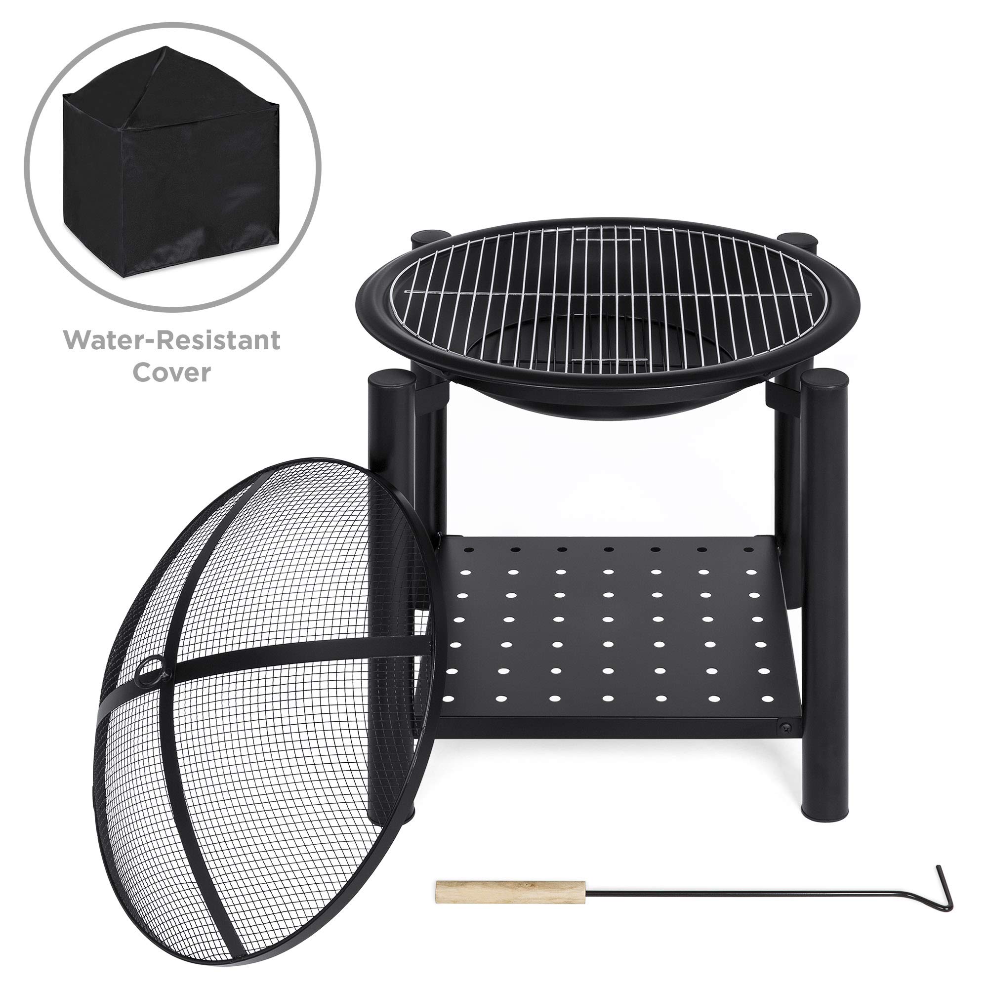 Best Choice Products 21.5-inch Outdoor Fire Pit Bowl Table and Storage for Patio, Backyard w/Shelf, Fire Spark Guard, Log Grate, Poker, Water-Resistant Cover, Black