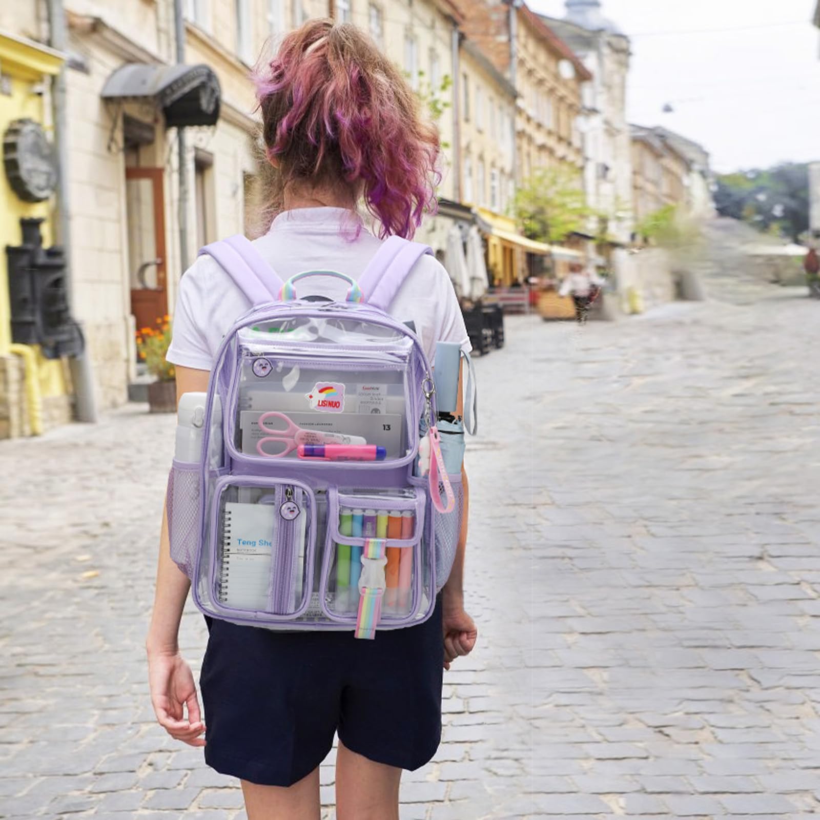 LISINUO Clear Backpack Girl Transparene Backpacks See Through Book Bag for Women Heavy Duty Pvc Mesh Bag Cute Girls Bookbags(Purple)