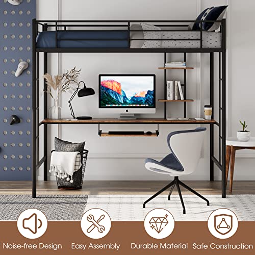 Giantex Twin Loft Bed with Desk and Bookcase, Metal Bunk Bed Frame w/Guardrail & Bilateral Ladder for Kids Teens Adults, Space-Saving Loft Bed with Keyboard Tray, No Box Spring Needed, Black