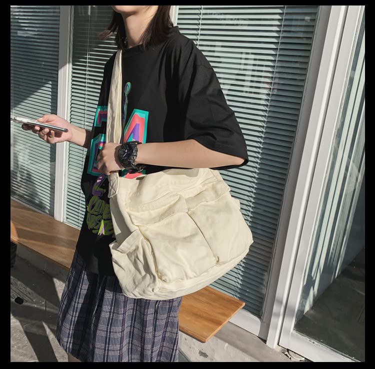 Canvas Messenger Bag Large Crossbody Bag with Multiple Pockets Canvas Shoulder Tote Bag for Women and Men (White)
