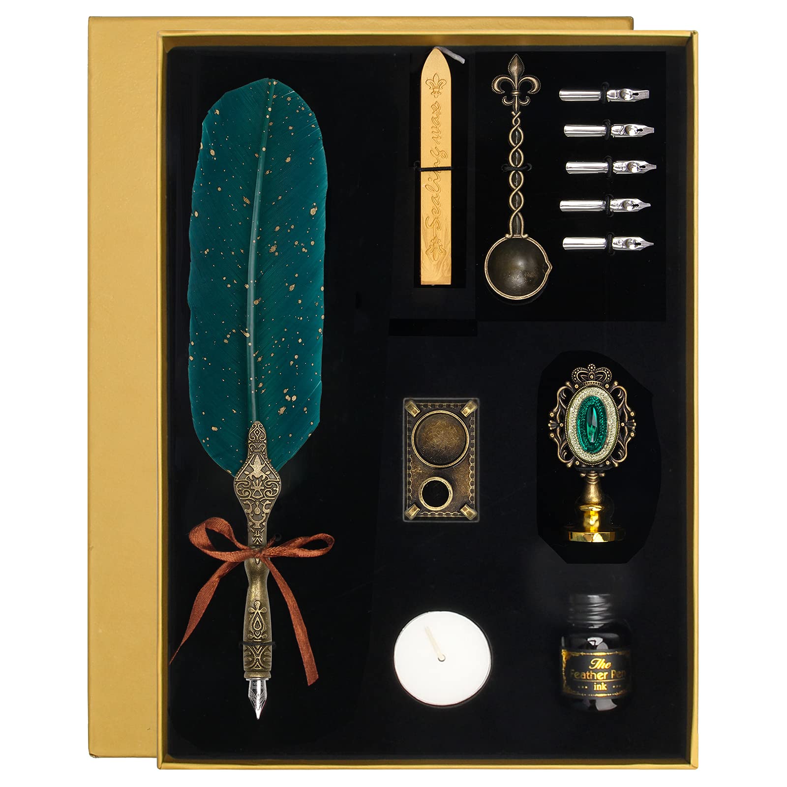 Coitak Quill Pen Ink Set, Feather Pen Ink Set Includes Quill Pen, Ink, 5 Replacement Nibs, 1 Wax Seal Stick,Pen Holder, Seal Stamp, Spoon, Letter Paper, Envelope (Dark Green)