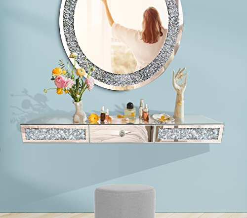 Mirrored Furniture Wall Shelf with Drawer, Crystal Diamond Floating Showcase, Silver Mirror Crushed Diamond Decorative Dressing Table, Gorgeous Bling TV Set, Wall Art Décor,31.5" L×7.9" W×3.1" H