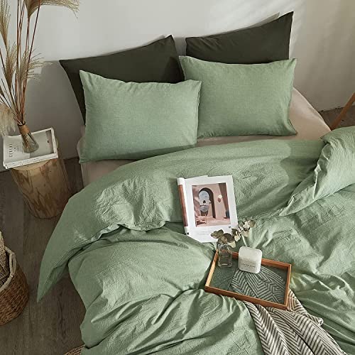 Modern Style Sage Green Duvet Cover Queen Size 100% Washed Cotton Light Green Bedding Sets Hotel Quality Solid Color Comforter Cover 1 Queen Duvet Cover with 2 Pillowcases Green Bedding Cover Set