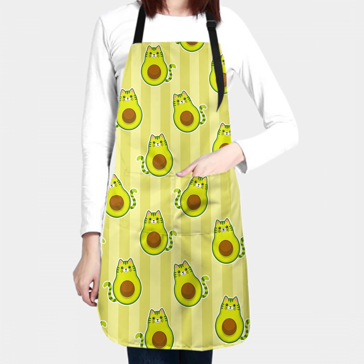 Cute Avocado Cat Aprons Kawaii Animal and Fruit Cooking Kitchen Bib Apron for Women Men with 2 Pockets and Adjustable Neck Strap and Waterproof Stain Resistant Polyester Summer Apron