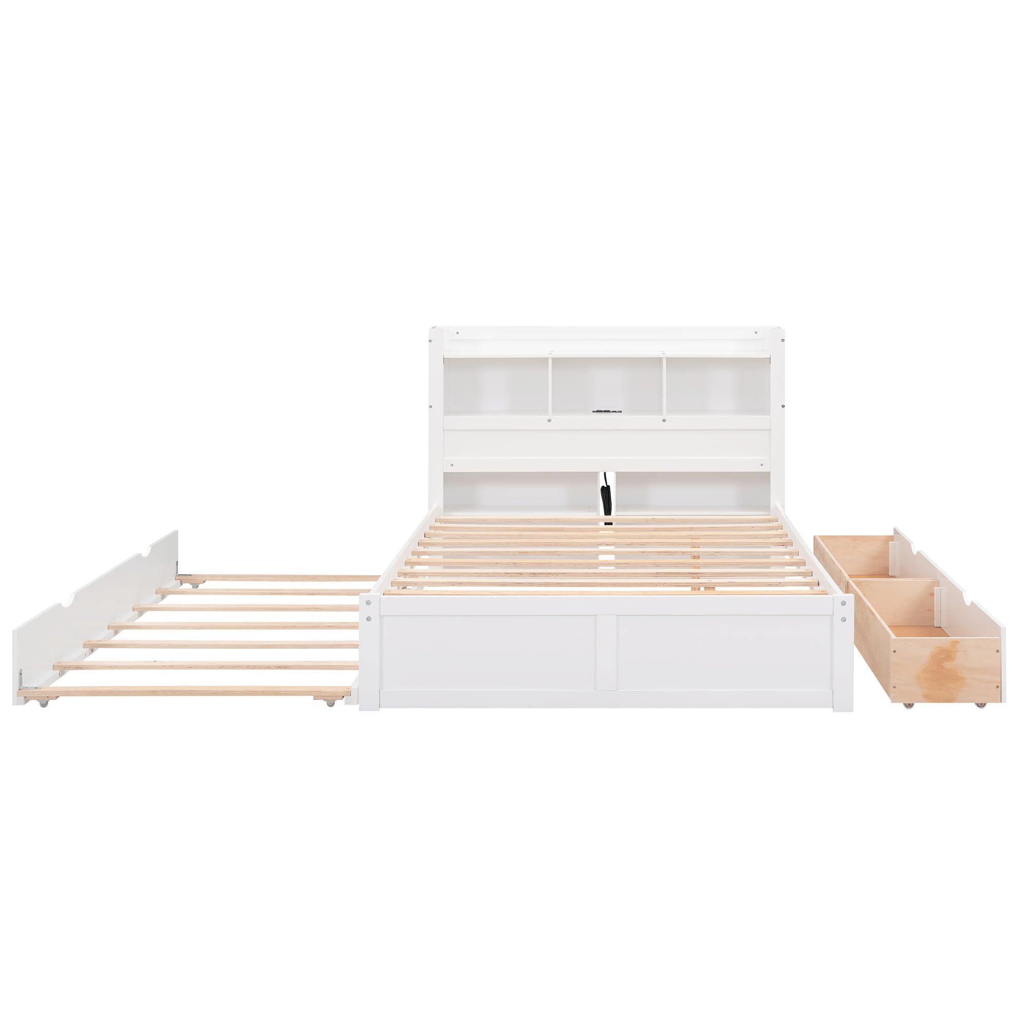 Full Storage Bed Frame with Twin Size Trundle,Bookcase Headboard and Charging Station,Wood Full Size Platform Bed with Pull Out Shelves and Drawers for Kids,Teens,Adults,Noise Free,White