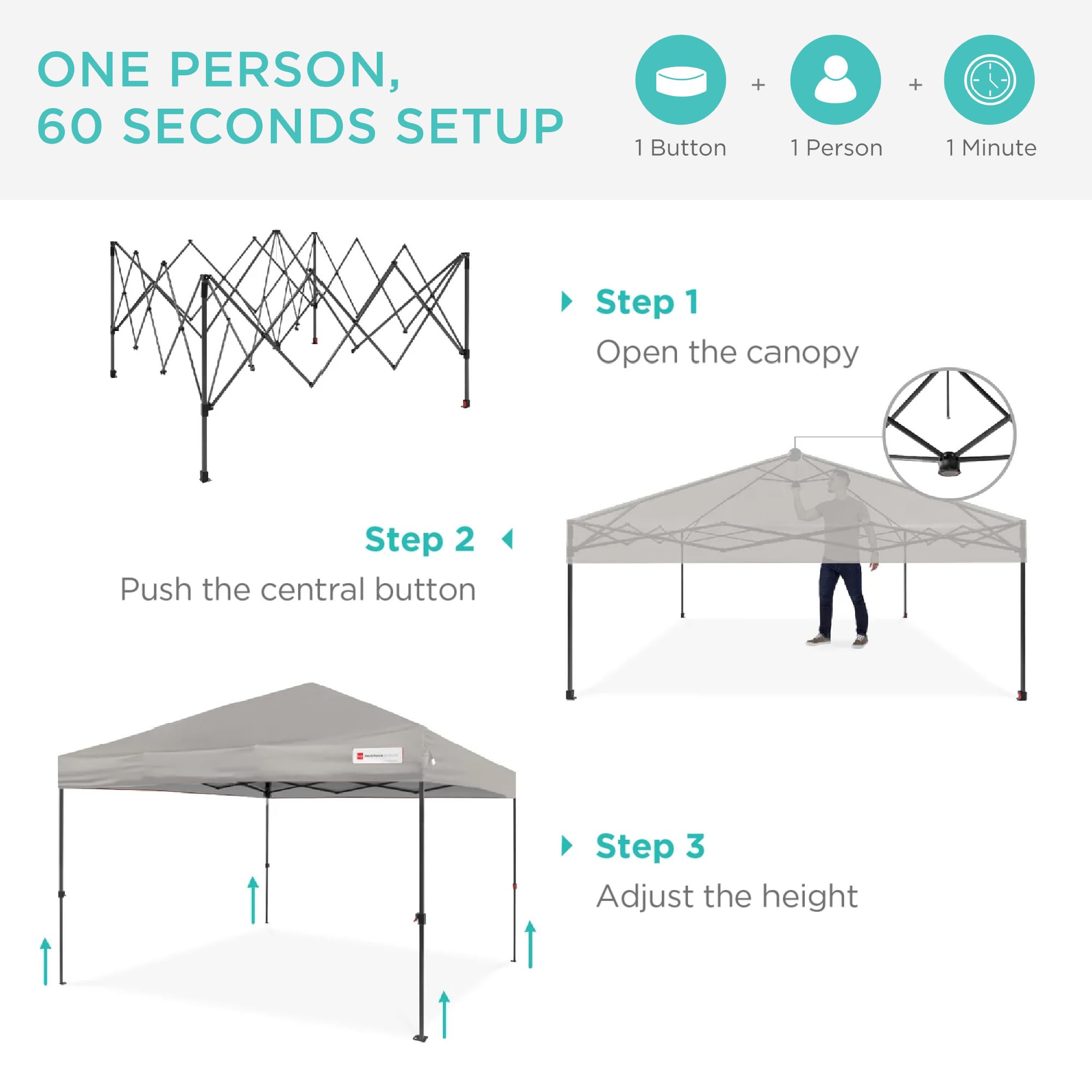 Best Choice Products 10x10ft 1-Person Setup Pop Up Canopy Tent Instant Portable Shelter w/ 1-Button Push, Case, 4 Weight Bags - Light Gray