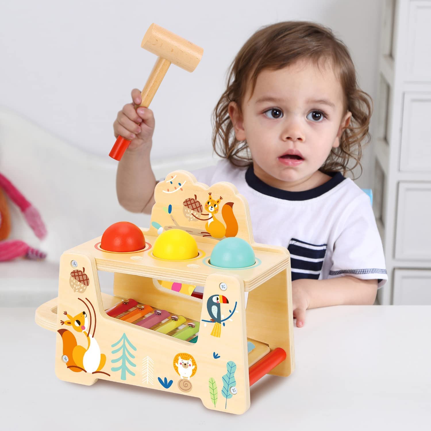 TOOKYLAND Pound a Ball Toy - 7pcs - Wooden Pounding and Hammering Bench with Xylophone; Educational Ball Drop Tap Game for Toddlers 1 Year Old +