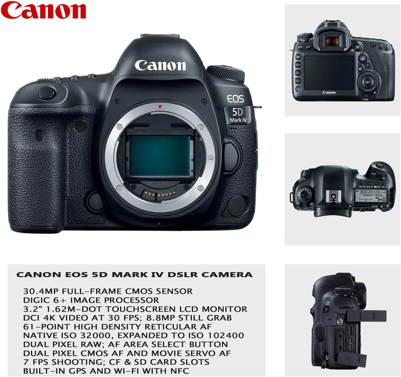 Canon EOS 5D Mark IV DSLR Camera w/ 24-105mm STM Lens + Canon EF 75-300mm III Lens, Canon 50mm f/1.8, 500mm Lens & 650-1300mm Lens + Deluxe Backpack + 128GB Memory + Monopod + Professional Bundle