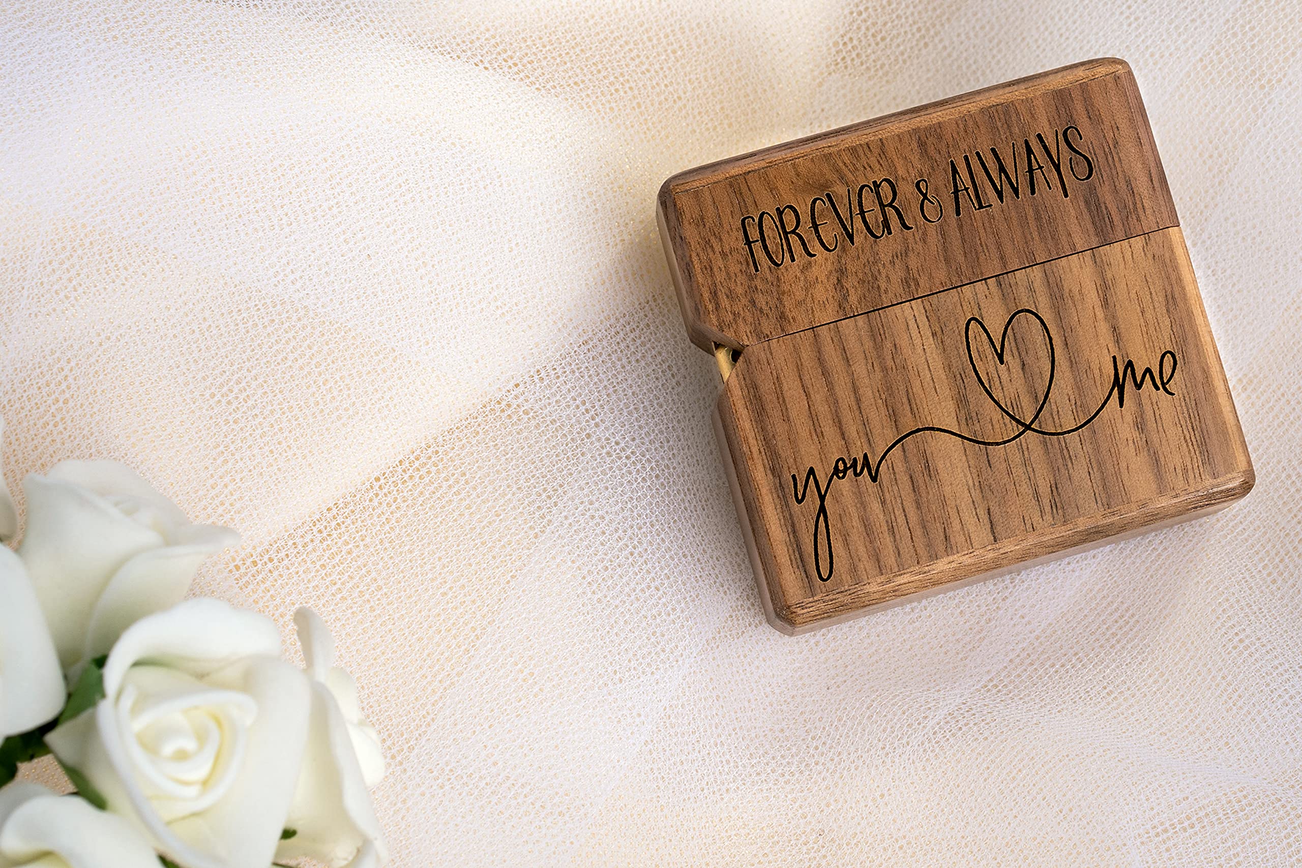 URBAN KRAFTS Engagement Ring Box for Proposal Slim Pocket Size Walnut Wooden Lighter Ring Box Engraved (Forever and Always You and Me)