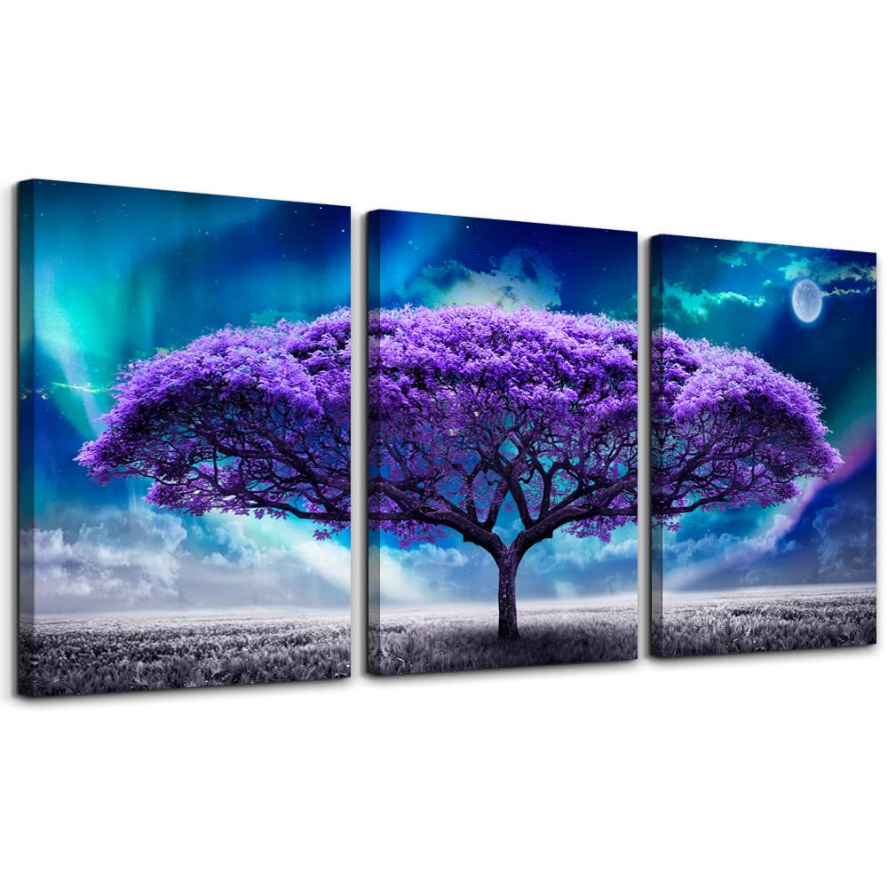 Canvas Wall Art For Living Room Boho Wall Decor For Bedroom Farmhouse Wall Pictures Aurora Purple Tree Scenery Wall Painting Office Canvas Prints Modern Dormitory Home Decorations 12" X 16" 3 Piece