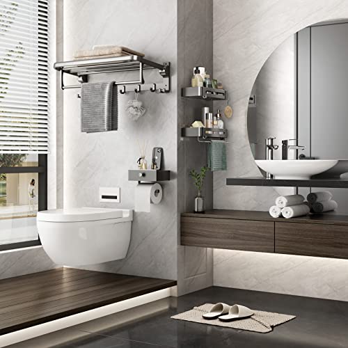 MUSTORN Bathroom Towel Rack with Towel Bar and Hooks 23.6 in Foldable Towel Shelf Wall Mounted Lavatory Towel Organizer Modern Gray Finish