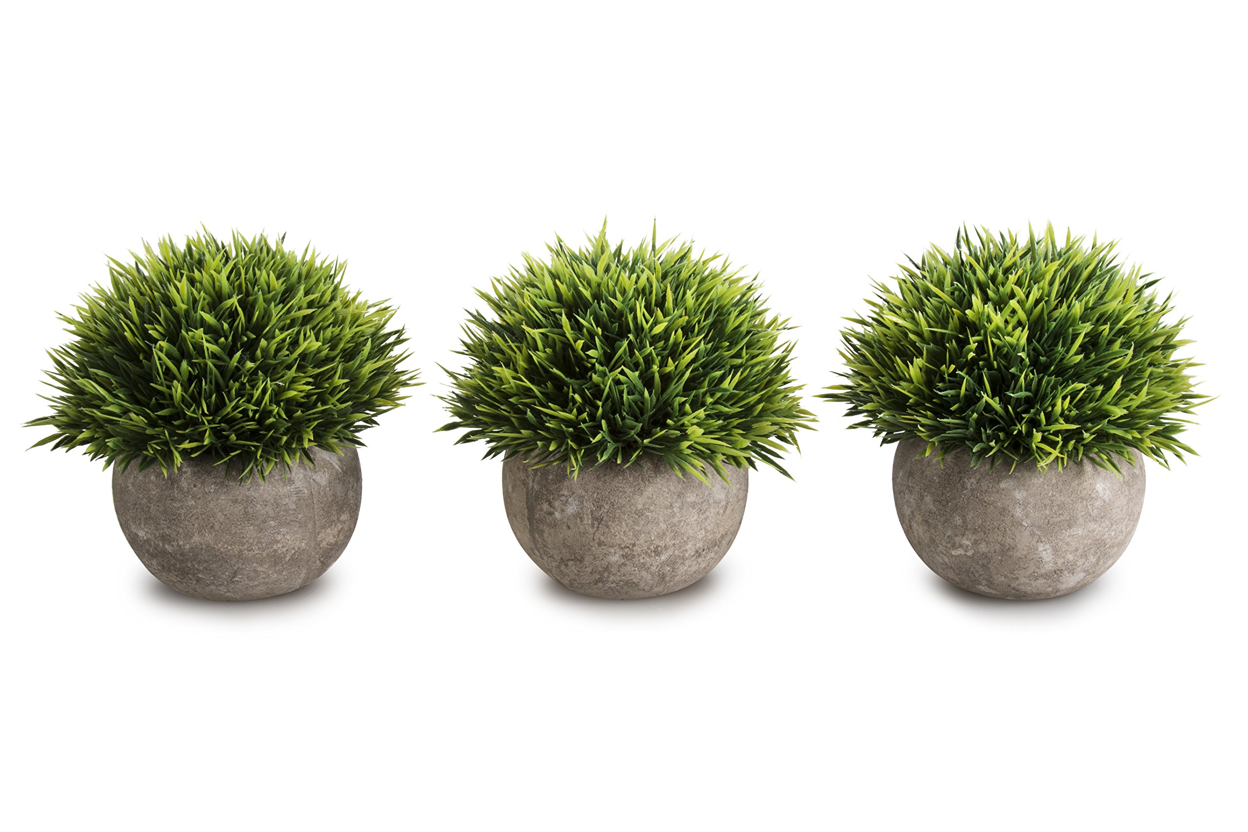 Opps Mini Artificial Plants Plastic Fake Green Grass Topiary Shrubs with Gray Pot for Home Décor – Set of 3