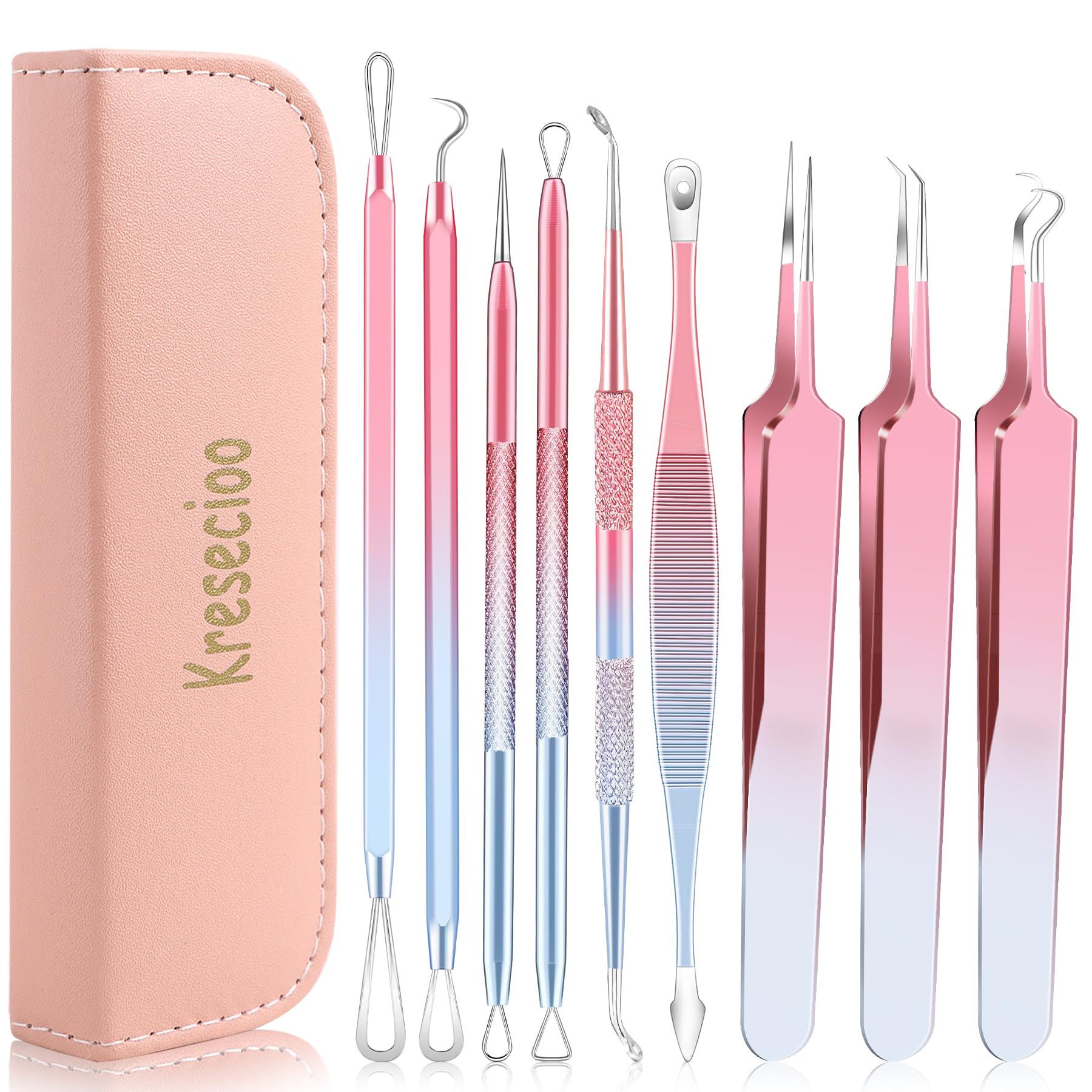 Kresecioo 9 PCS Blackhead Remover Tools, Pimple Popper Tool Kit, Acne Tools Extractor Kit Professional for Nose Face, Blemish Whitehead Zit Popping Tool with Portable Leather Bag(Pink)