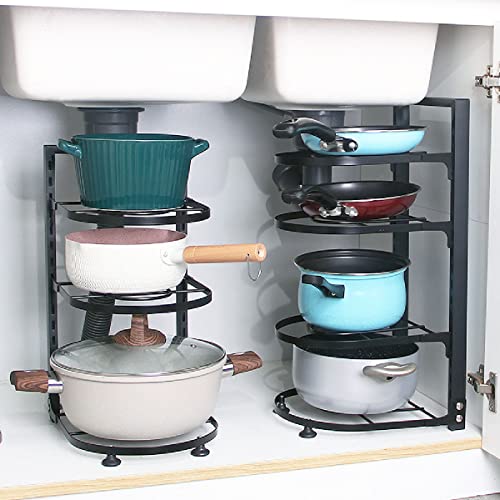 Pot and Pan Rack Organizer Holder,Heavy Duty Adjustable Standing Pan & Pot Racks,Wall Mounted Kitchen Cookware Rack For Pot Storage Under Kitchen Counters, Cabinets, Sink Cabinets (4-Tier,Black)