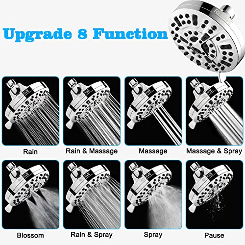 Shower Head, REHAVE Rainfall ShowerHead, 5.1 Inches High-Pressure with 63 Jets 8 Spray Modes - Replacement for Bathroom Shower Heads - Anti-Clogging Silicone Nozzles, Brass Angle-adjustable Ball Joint