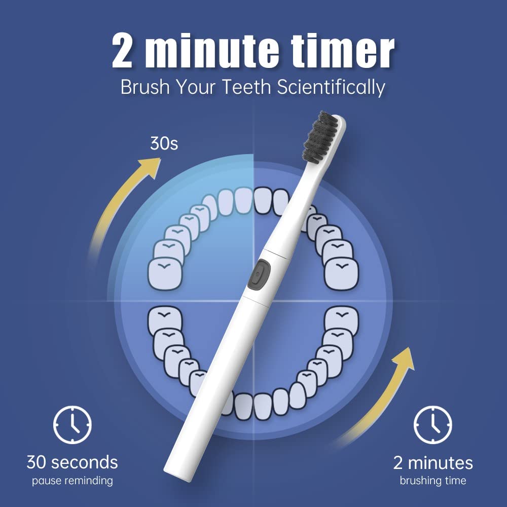 Kroey sonic electric toothbrush powered by battery with 2 brush heads, DuPont activated carbon bristles IPX7 Waterproof for Adults and Kids (White)