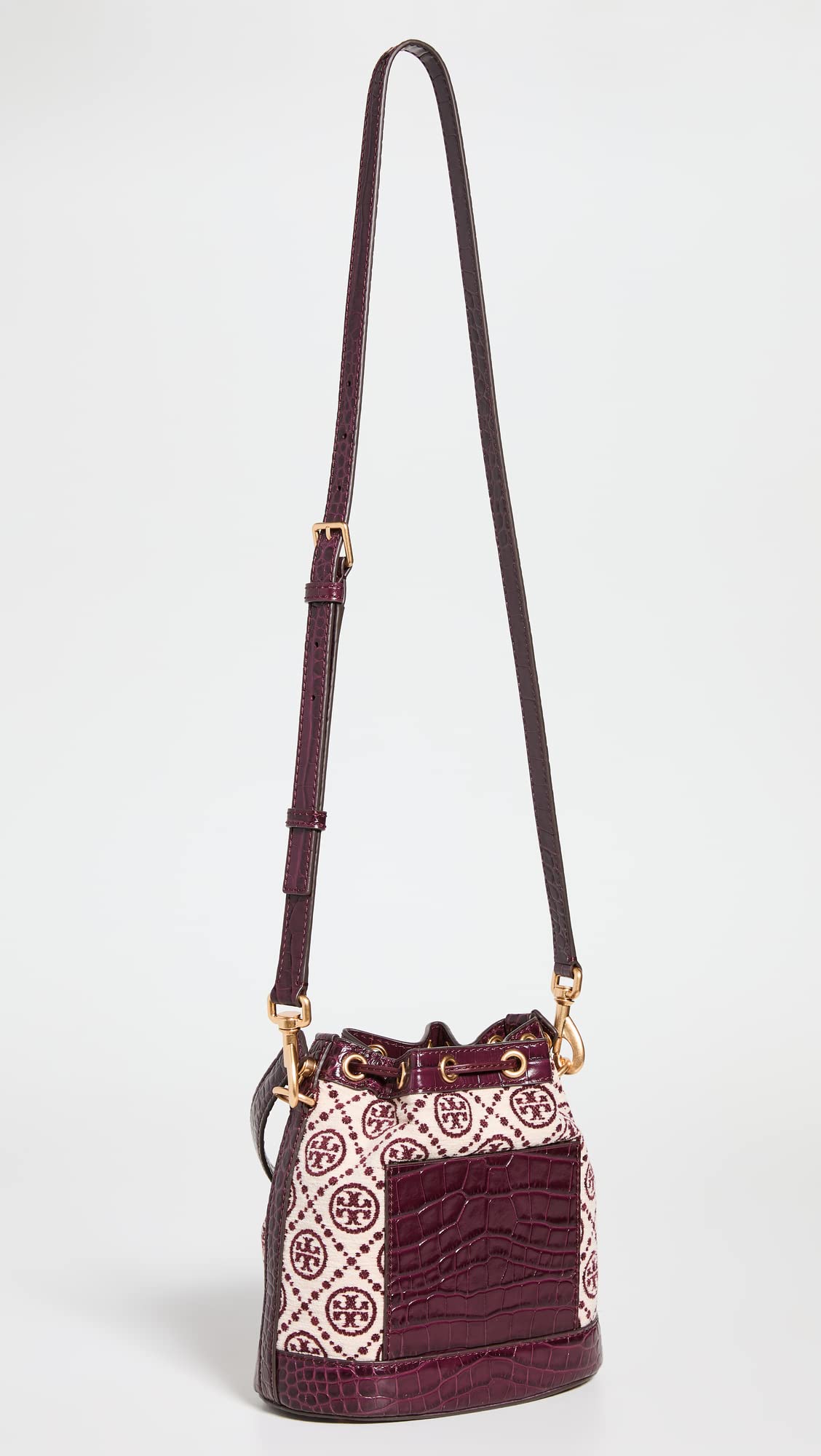 Tory Burch Women's T Monogram Chenille Bucket Bag, Claret/New Cream, Red, Graphic, One Size