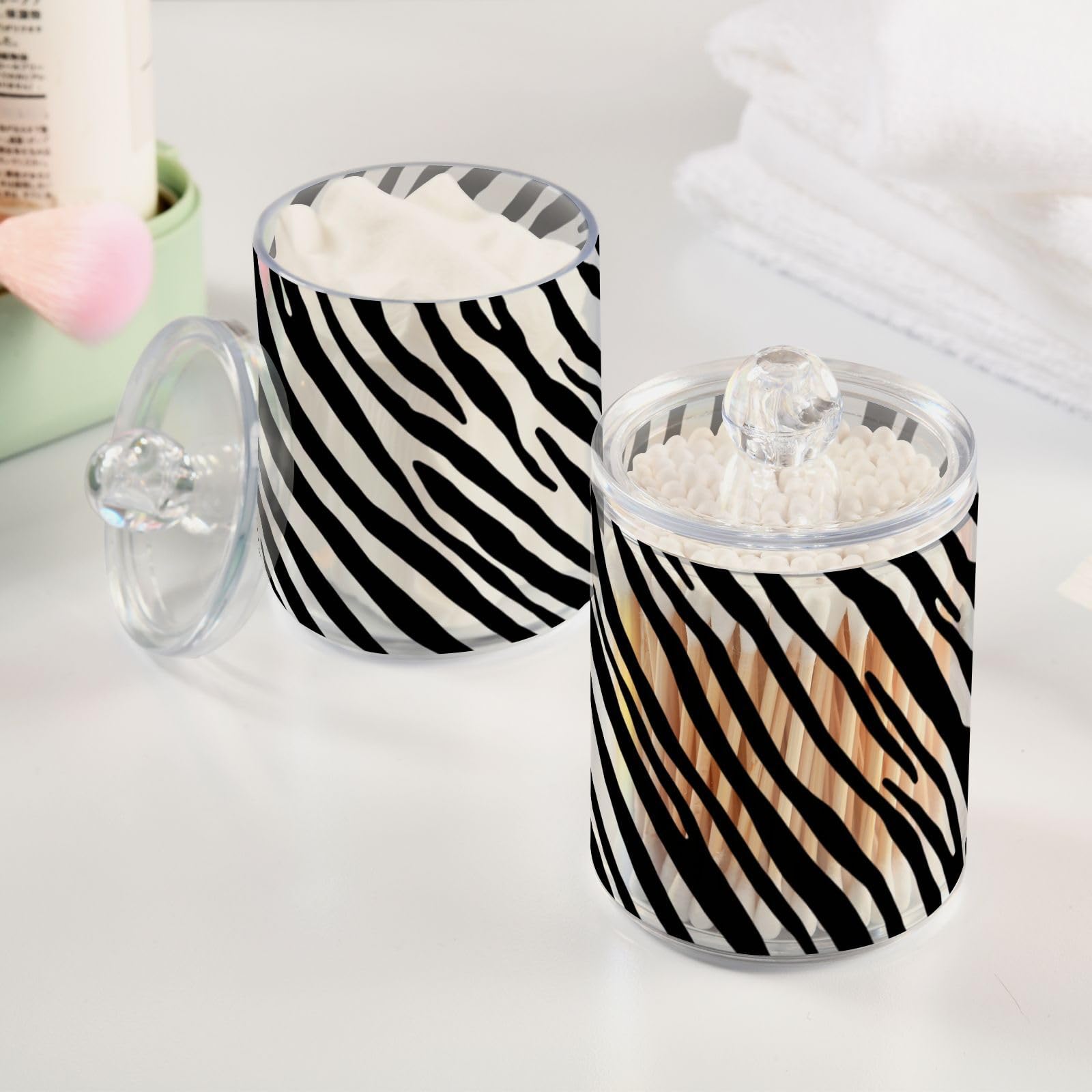 FLildon Zebra Print Black & White Qtip Holder Dispenser, Bathroom Organizer and Storage Containers, 2 Pack Clear Plastic Apothecary Jars with Lids for Cotton Ball, Cotton Swab, Floss