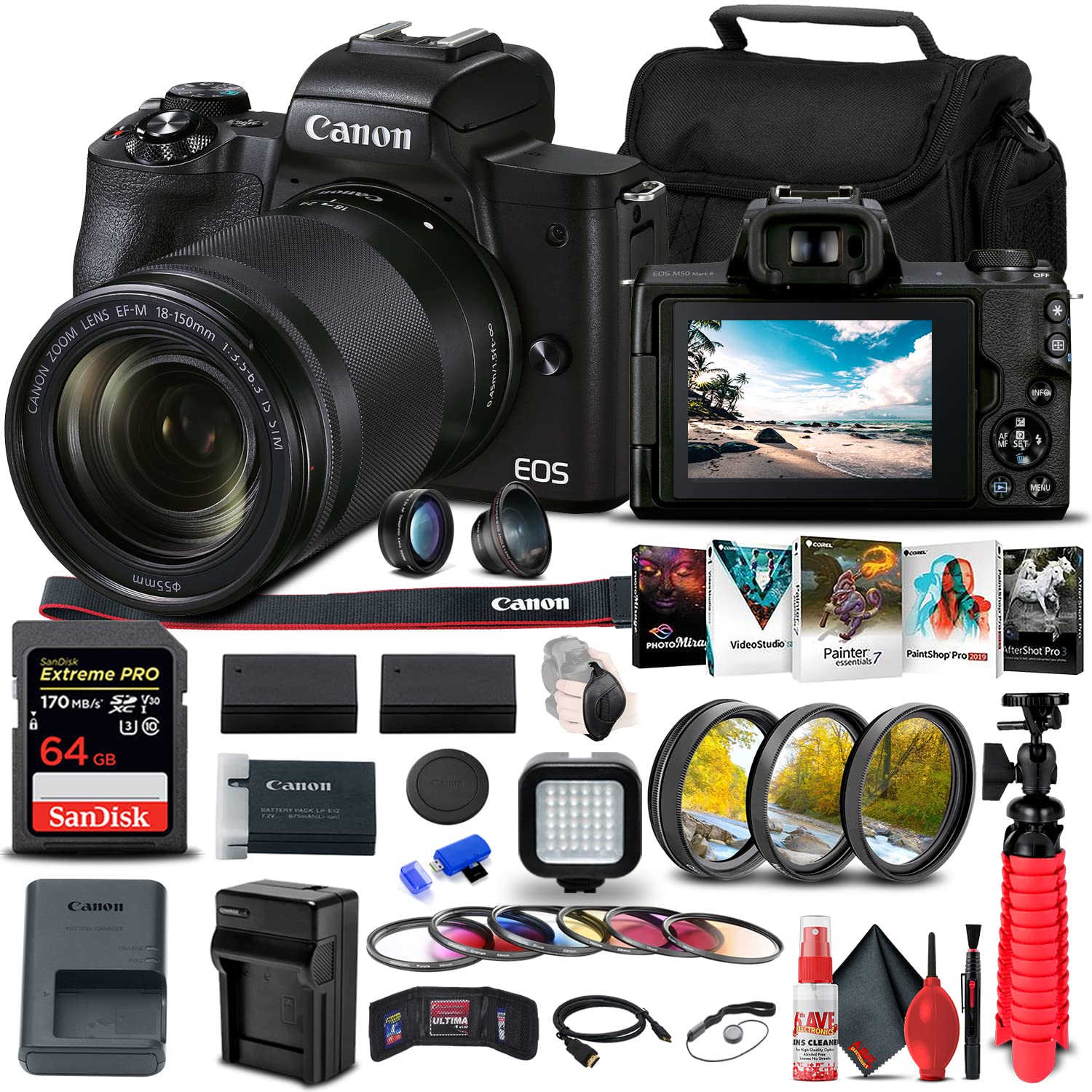 Canon EOS M50 Mark II Mirrorless Camera with EF-M 18-150mm is STM Lens (4728C001), 64GB Memory Card, Color Filter Kit, Filter Kit, 2 x LPE12 Battery, External Charger, Card Reader + More (Renewed)