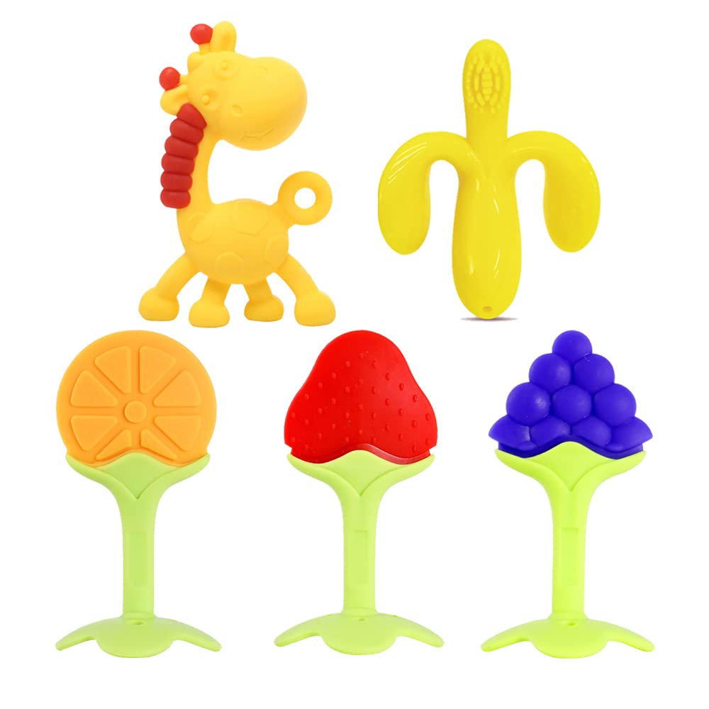 TEKSTAR Baby Teething Toys Silicone Fruit Giraffe Banana Toothbrush Teethers Freezer BPA Free, Soothe Babies Teething Relief Sore Gums for Newborn Infant and Toddler (5-Pack)