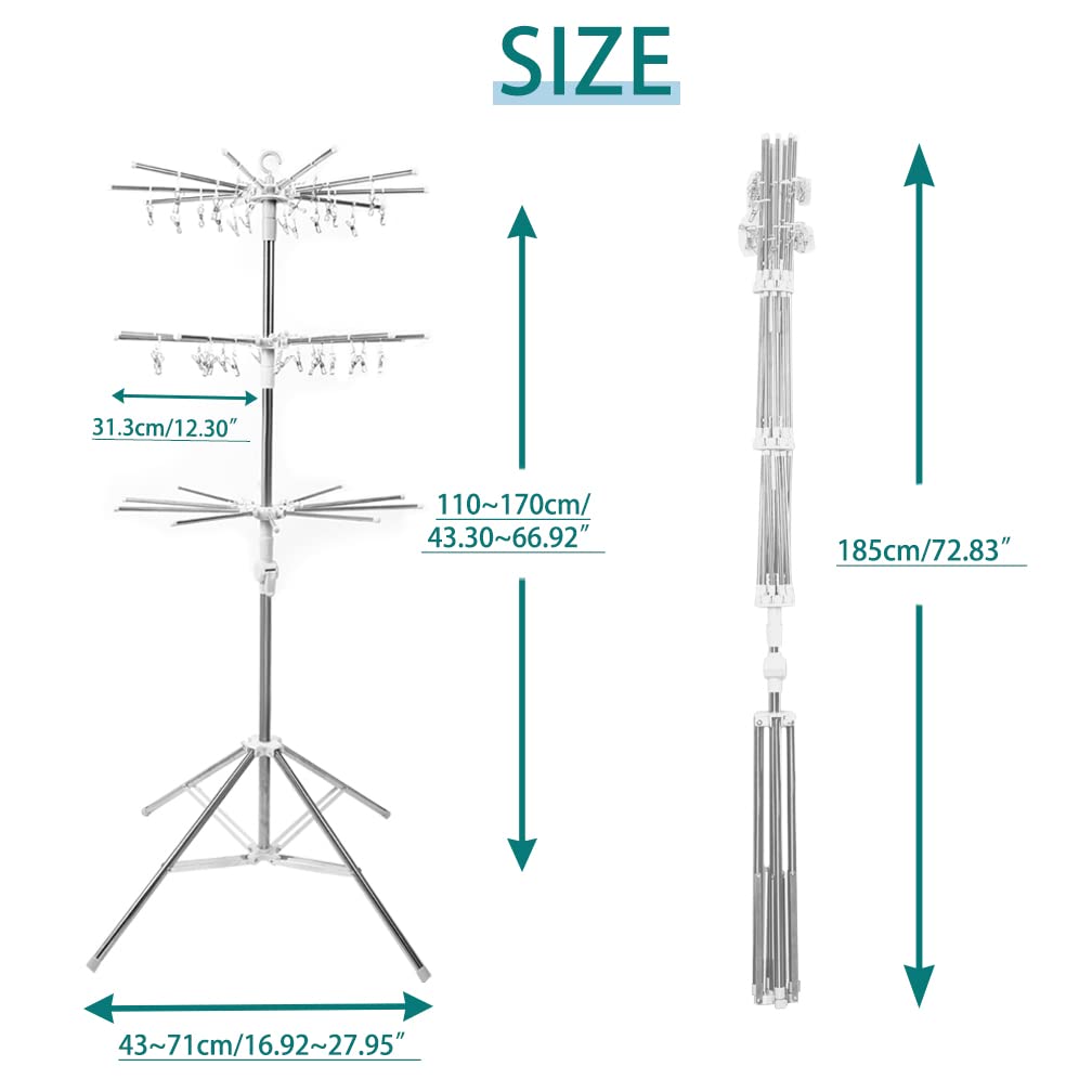 Hershii 3 Tiers Clothes Drying Rack Collapsible Indoor Outdoor Garment Airer Stand Folding Laundry Hanger Organizer Space Saving with Towels Bars and Clothespins, 43.3-66.92inches High