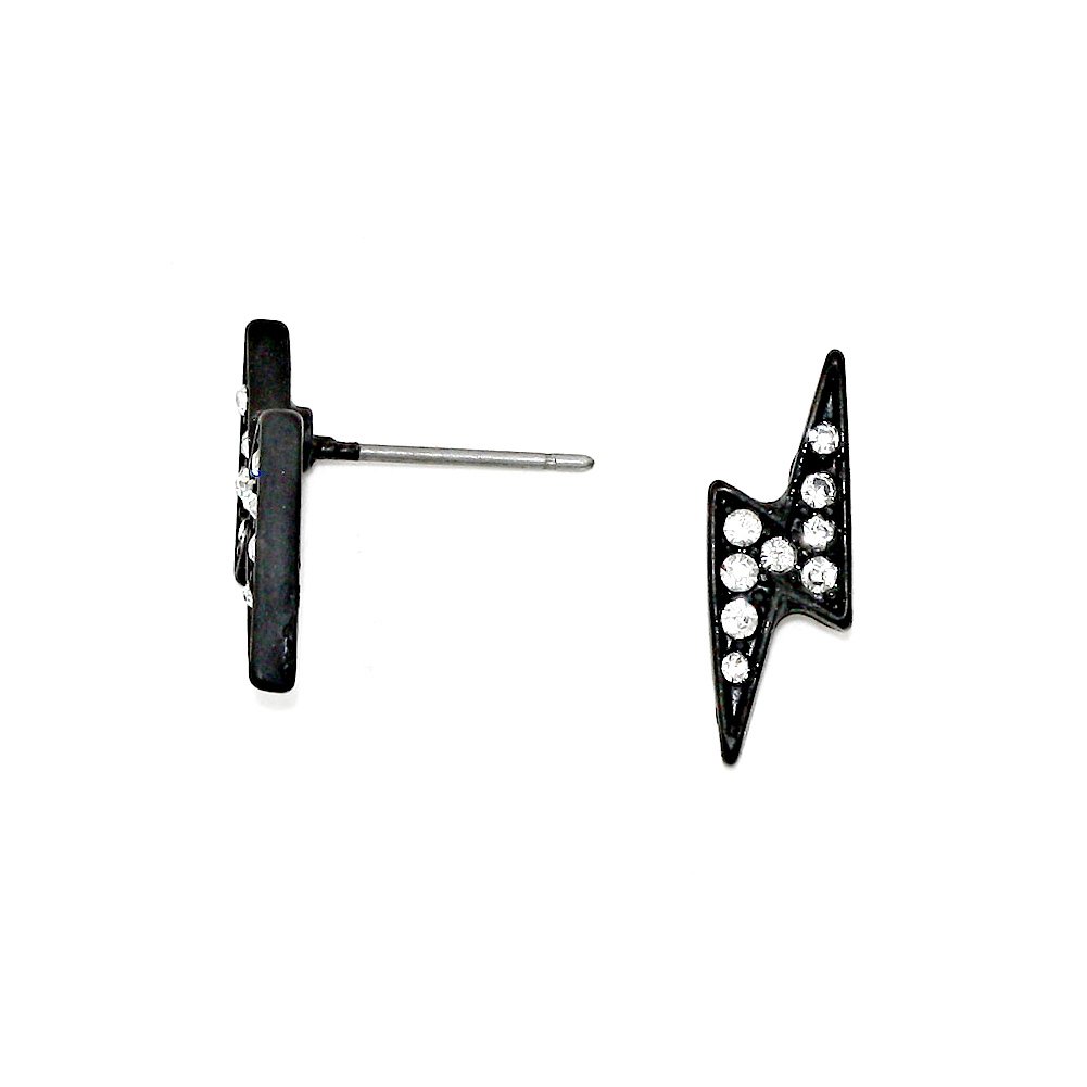 Black Lightning Bolt Post Earrings with Clear Crystals